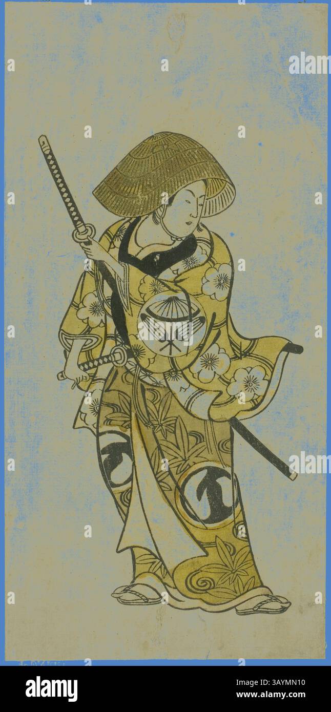 A traditional figure dressed in a vibrant kimono adorned with floral ...