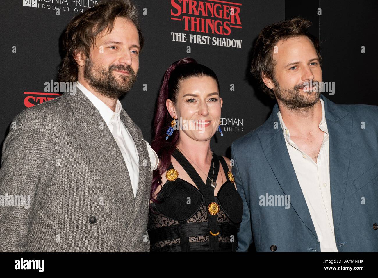 New York, USA. 22nd Apr, 2025. Matt Duffer, Kate Trefry and Ross Duffer attend the opening night ...