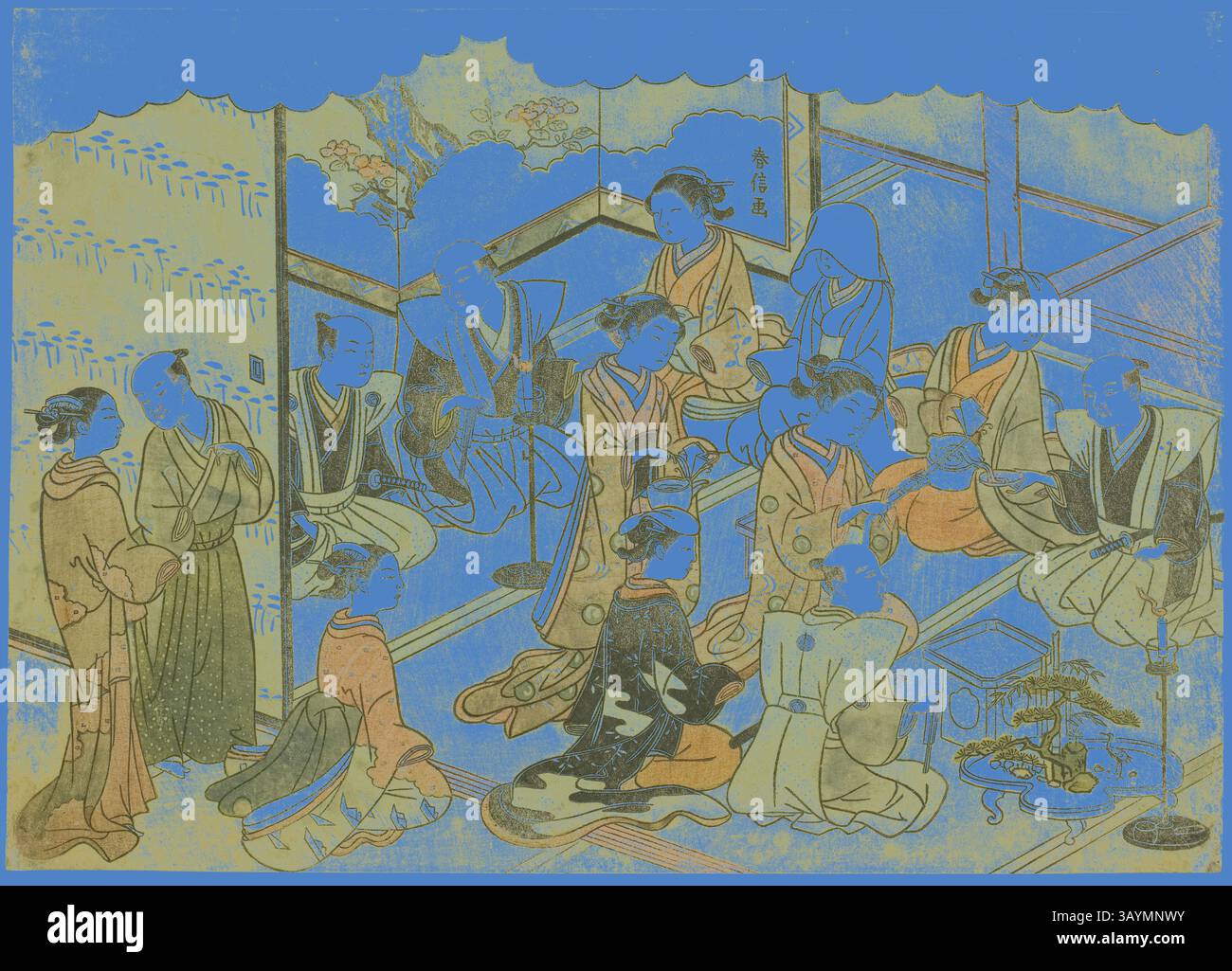 A traditional scene depicting elegantly dressed figures engaged in ...