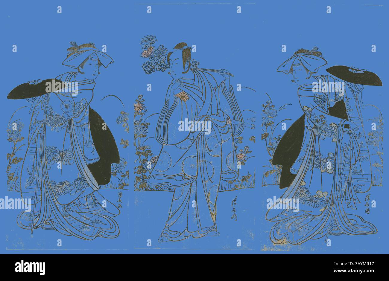 Three elegantly dressed figures, adorned in traditional attire, engage ...