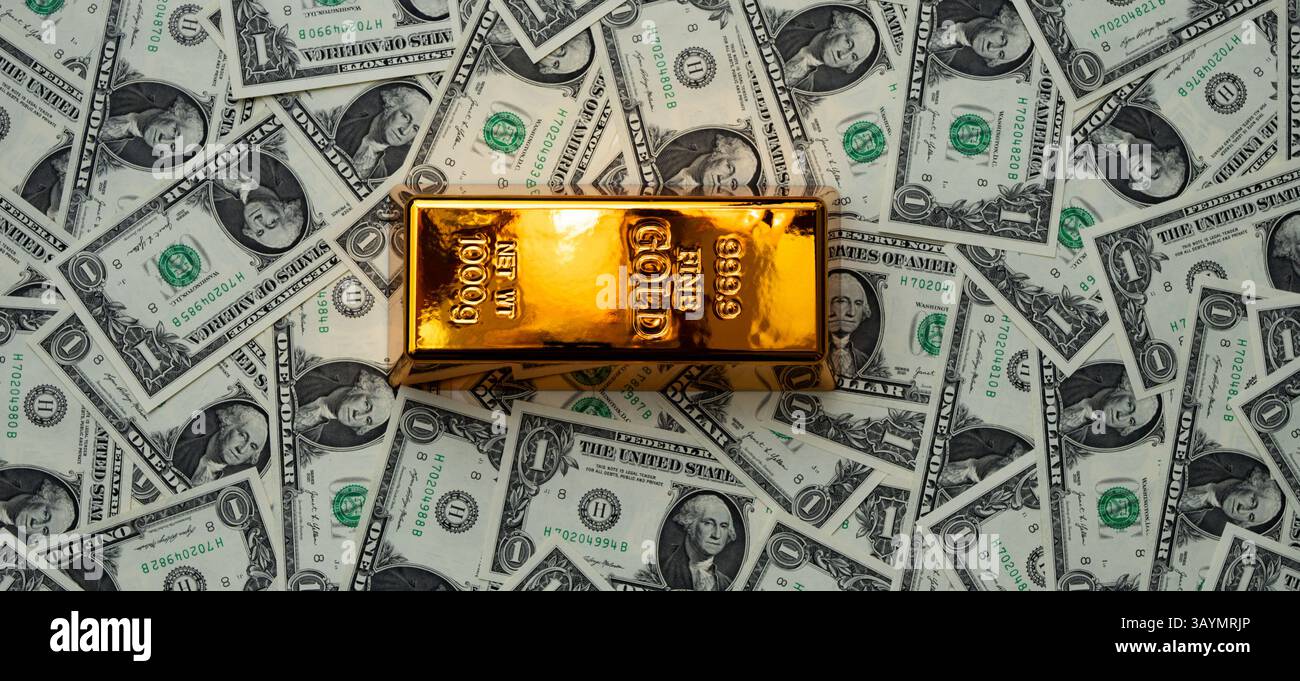 Money dollars, gold. Saving finance. Dollars vs gold bar. Saving money ...