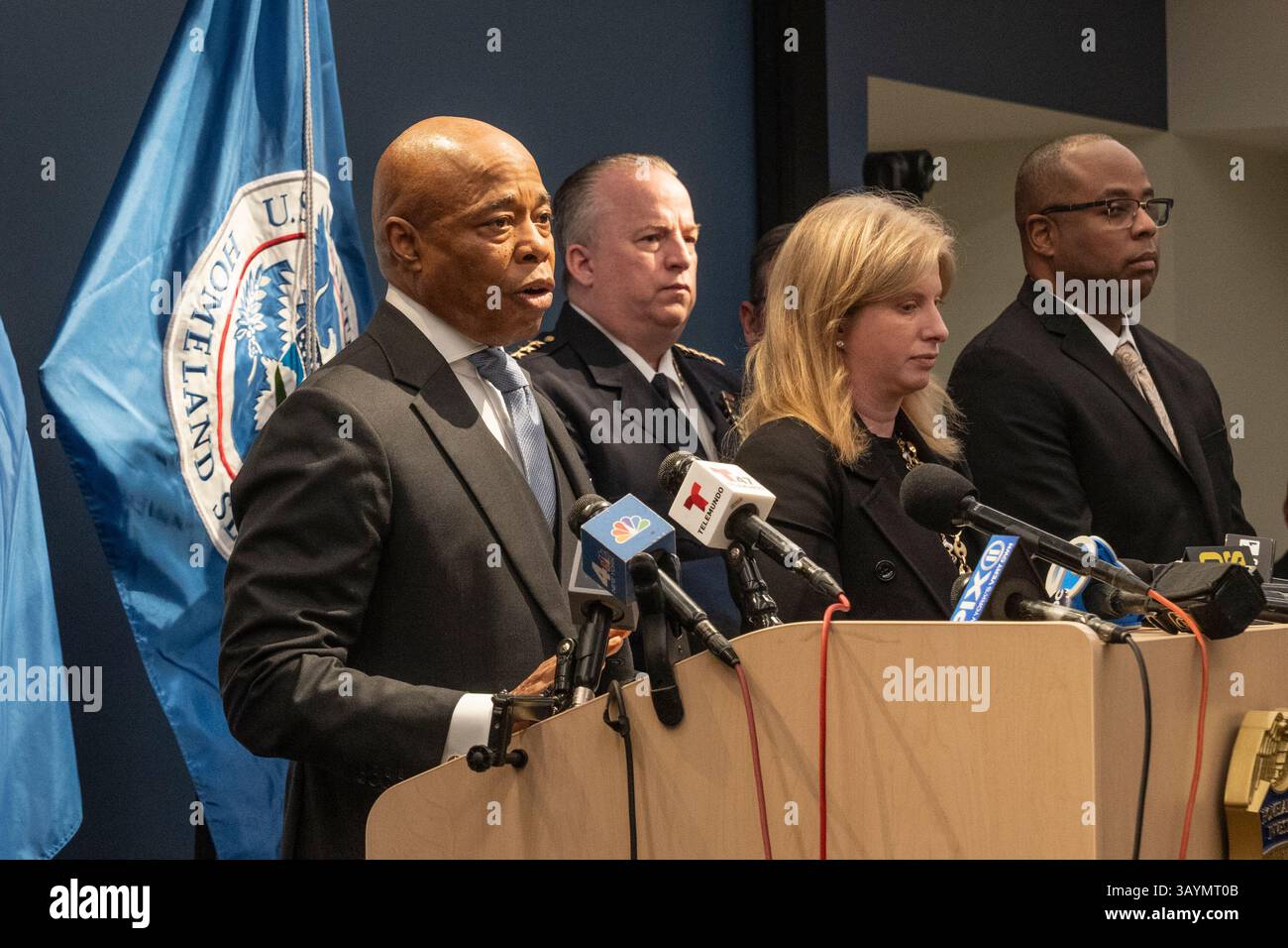 New York, USA. 23rd Apr, 2025. Mayor Eric Adams speaks during Homeland ...