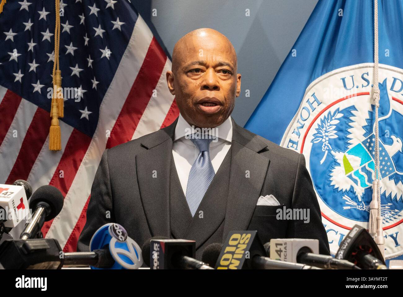 New York, USA. 23rd Apr, 2025. Mayor Eric Adams speaks during Homeland ...