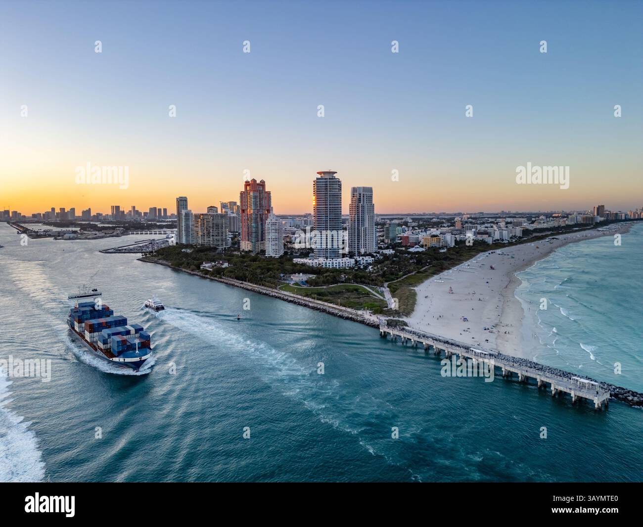 Container Ship in Miami City. Aerial View. Shipping Boat. Cargo ship at ...