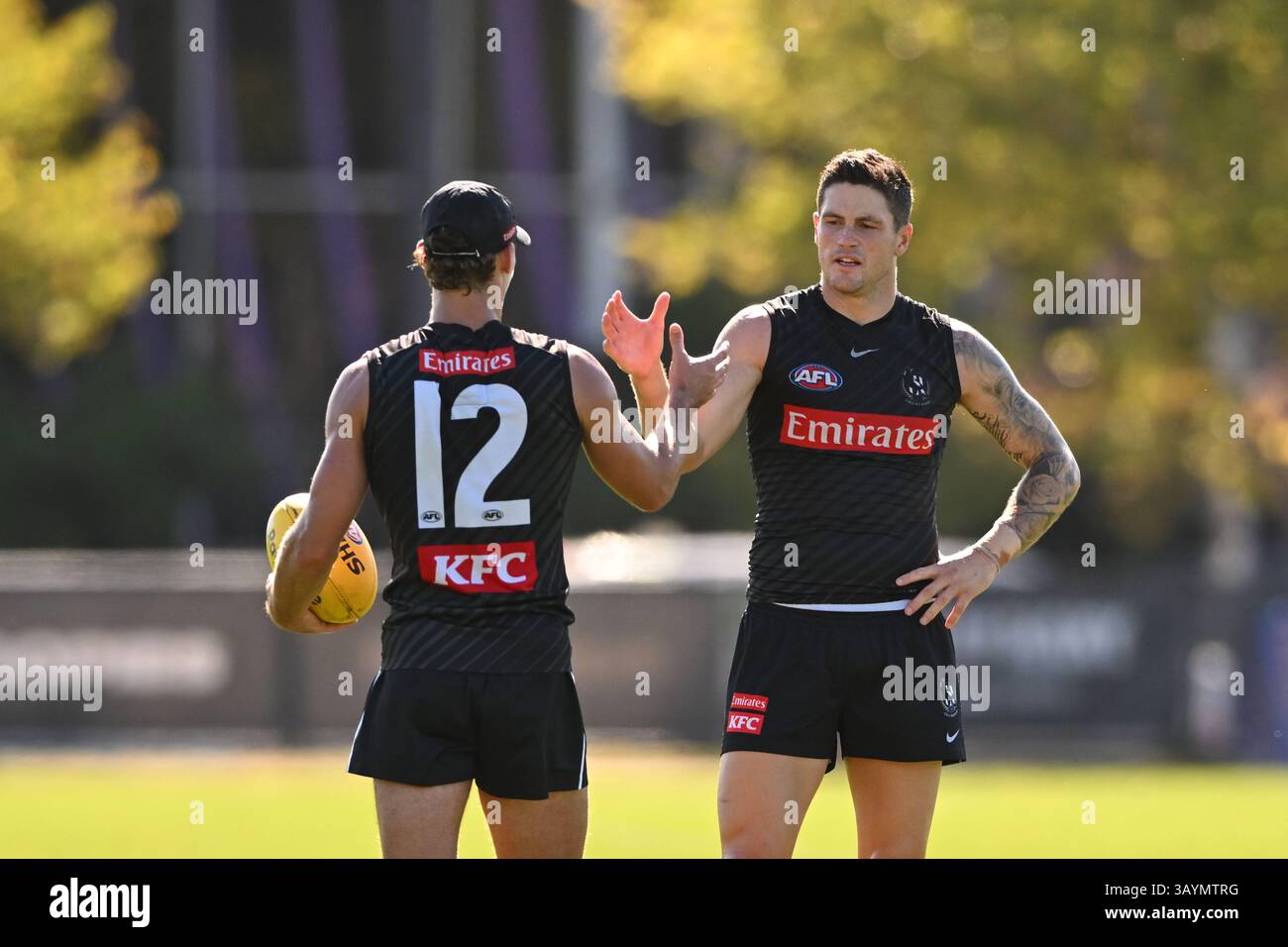 Melbourne, Australia. 23rd Apr, 2025. Jack Crisp of Collingwood (right ...