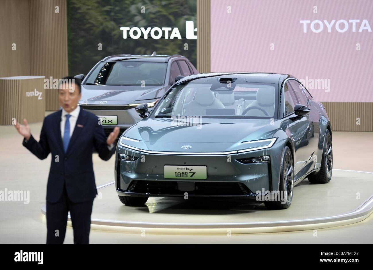 Shanghai on April 23, 2025. Toyota Motor Corp. unveils its new bZ7 electric vehicle model (front ...