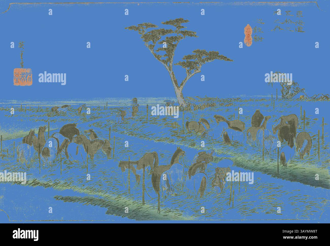 A serene landscape depicting figures tending to rice paddies under a ...