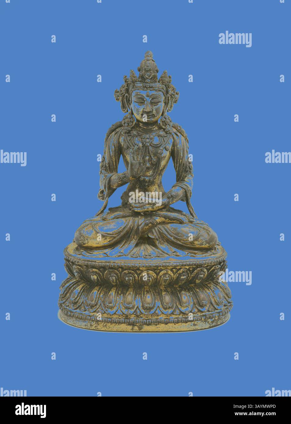 A detailed statue of a seated figure, adorned with intricate patterns ...