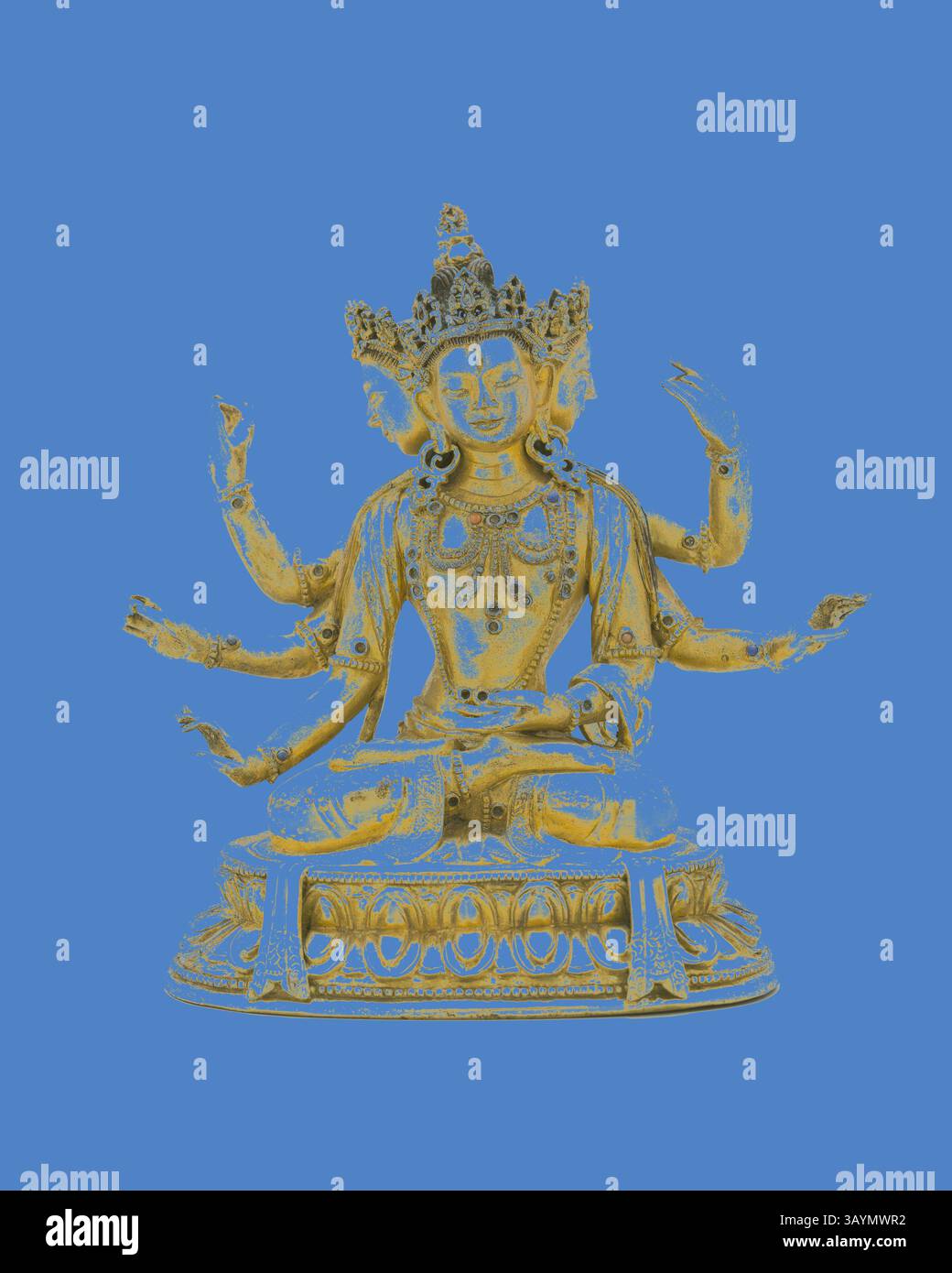 A multi-armed deity seated in a meditative pose, adorned with intricate ...