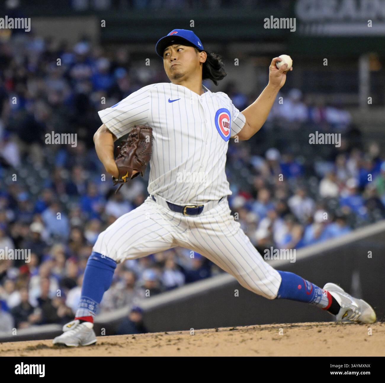 Chicago on April 22, 2025. Chicago Cubs starter Shota Imanaga pitches ...