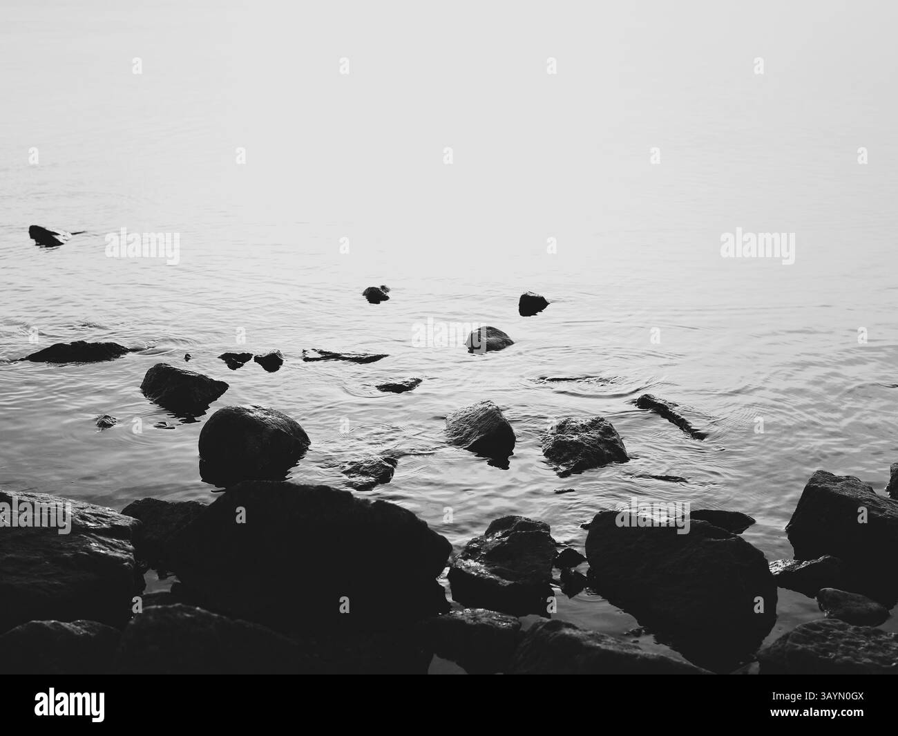A Serene and Calm Black and White Shoreline, Featuring Rocks and ...