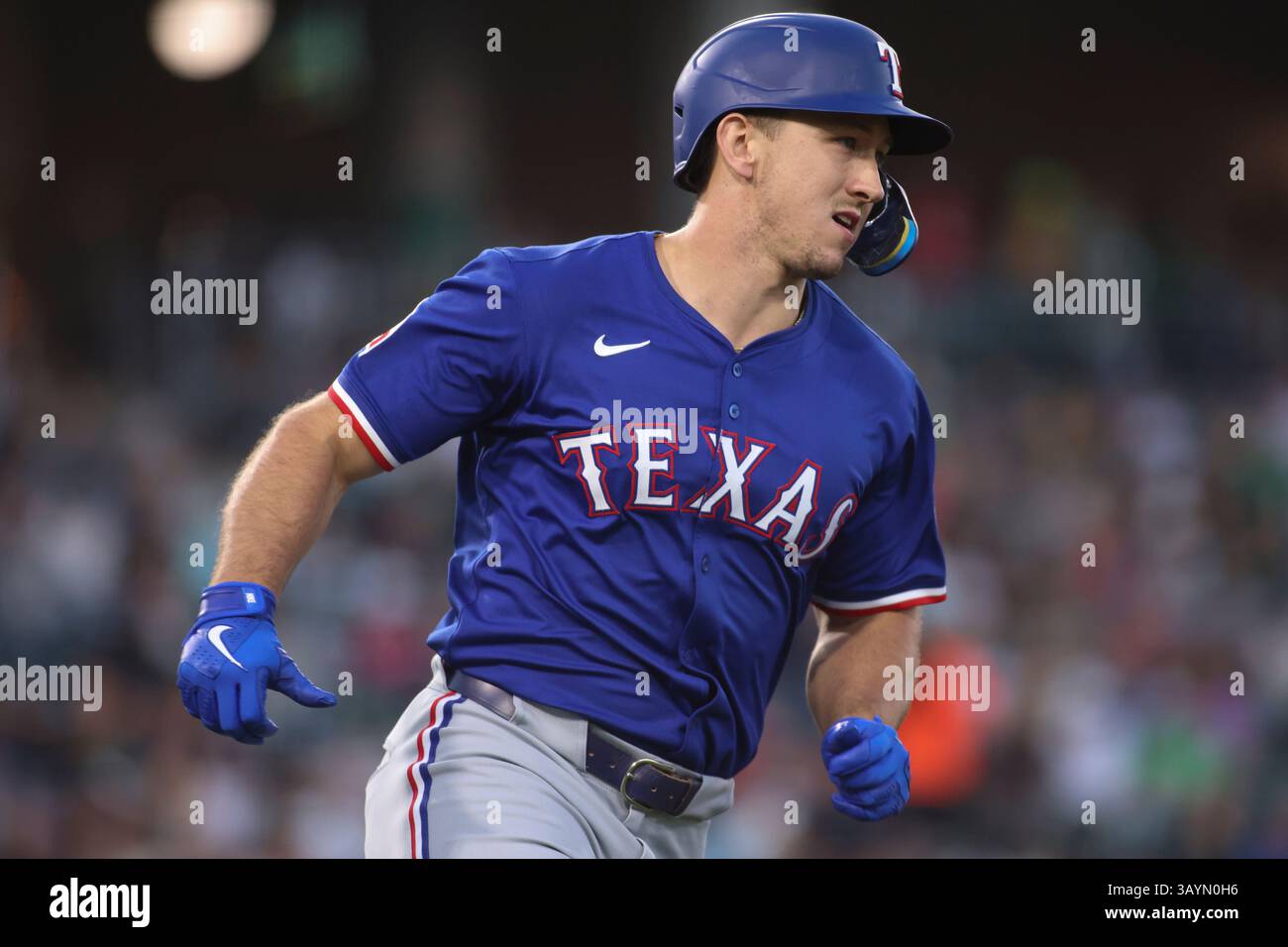 Texas Rangers outfielder Wyatt Langford (36) hits a solo home run ...