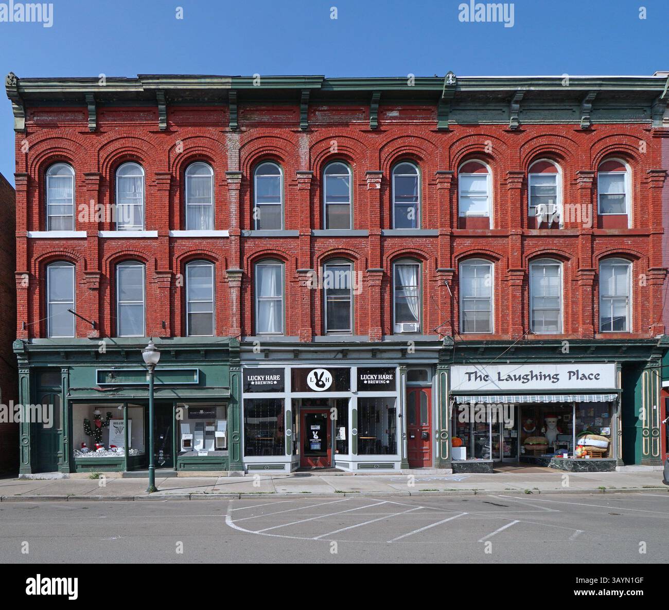 Facade of 19th century buildings on American small town main street ...