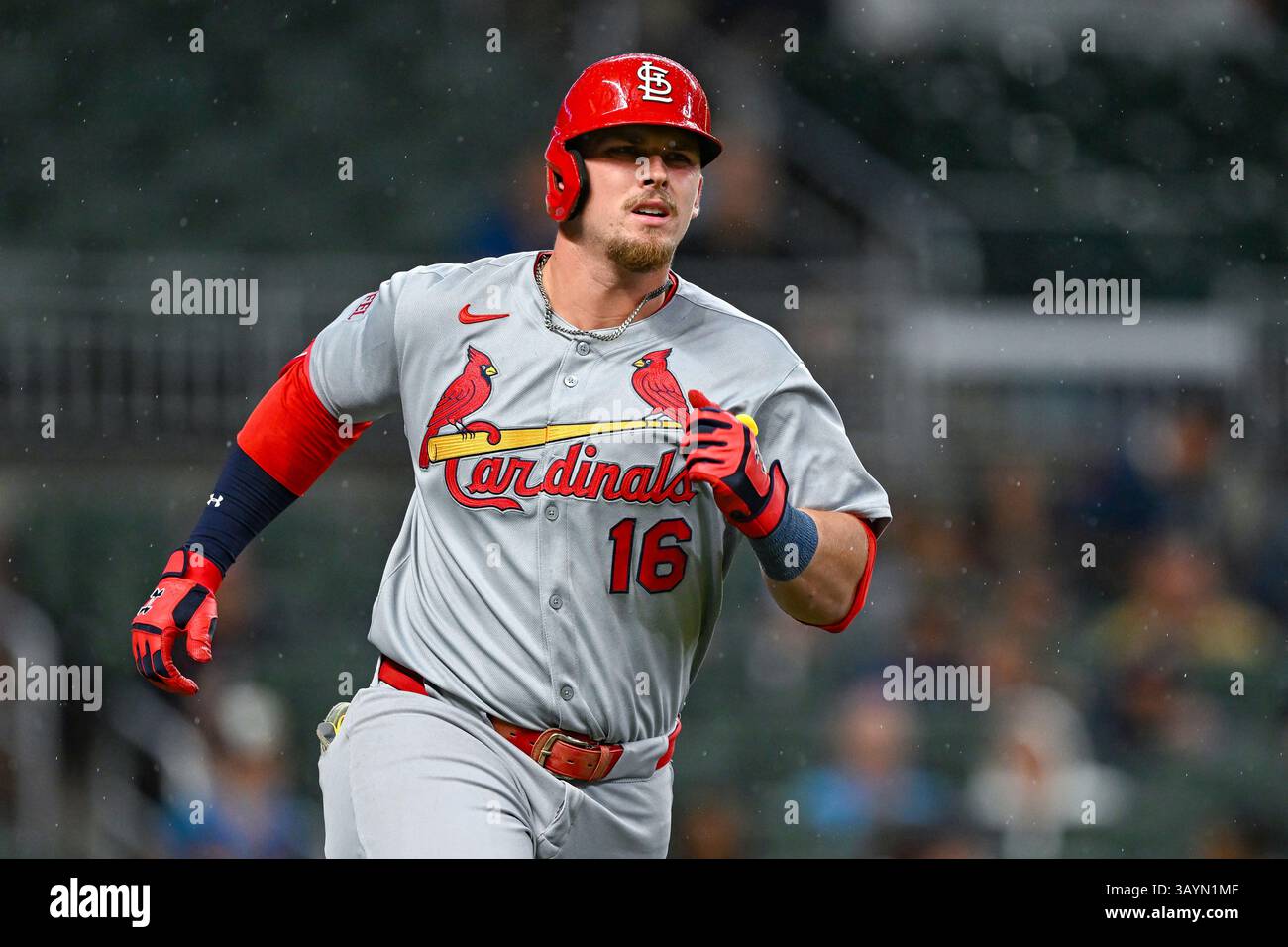 ATLANTA, GA – APRIL 22: St. Louis second baseman Nolan Gorman (16) runs ...
