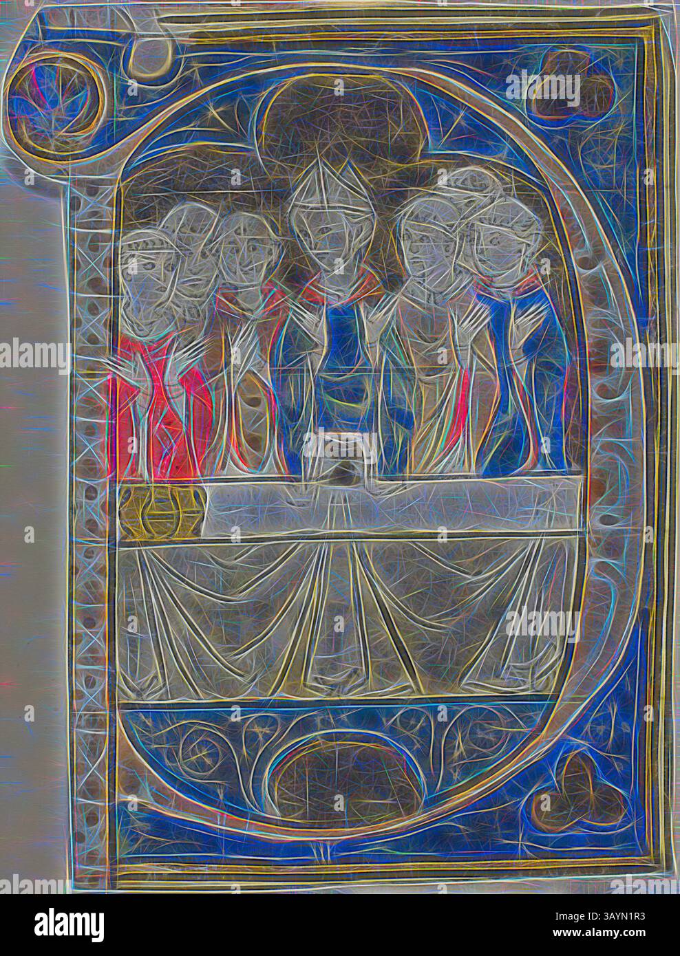 A vibrant depiction featuring a group of figures adorned in elaborate robes, gathered near a ...