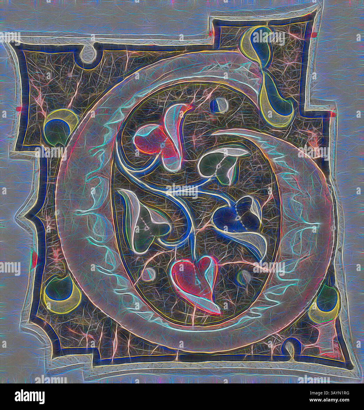 An ornate design features a stylized letter "G" entwined with vibrant ...