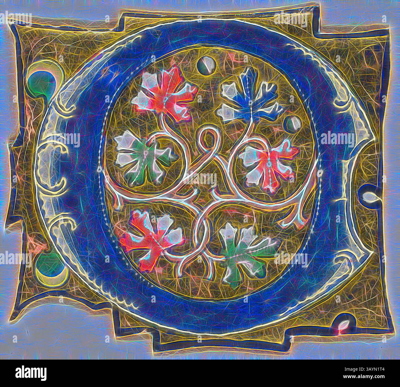 An intricately designed circular motif featuring vibrant flowers in red ...