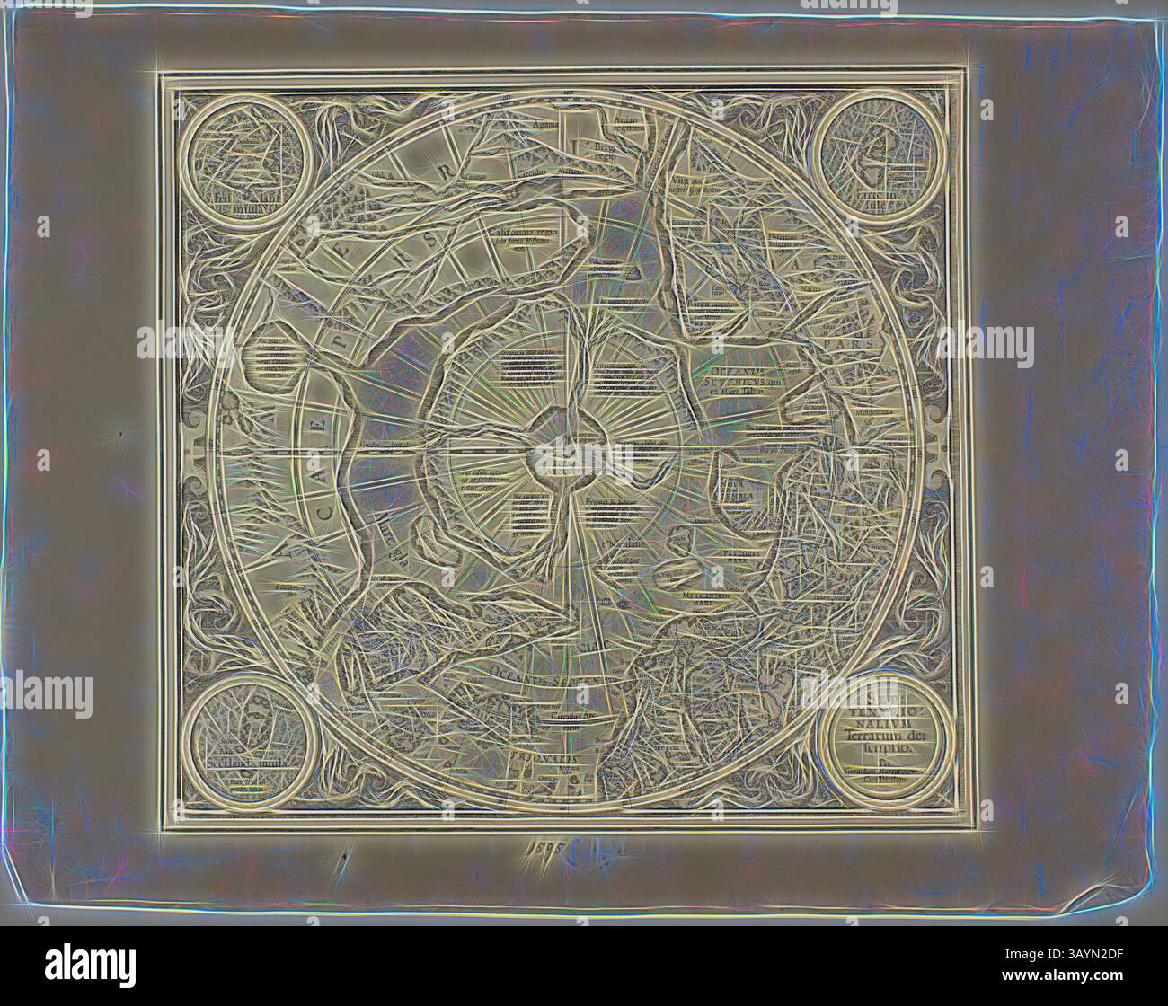 A vintage map featuring intricate detailing, with a central circular ...