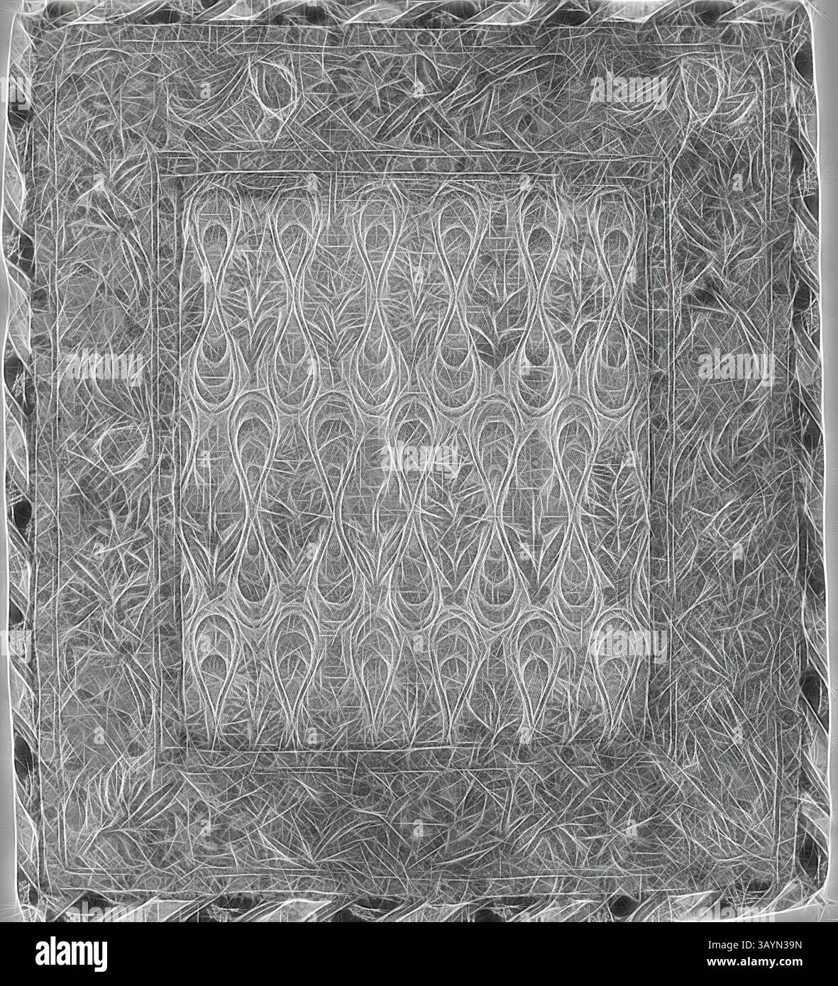 An intricate pattern features interwoven shapes creating a rhythmic ...