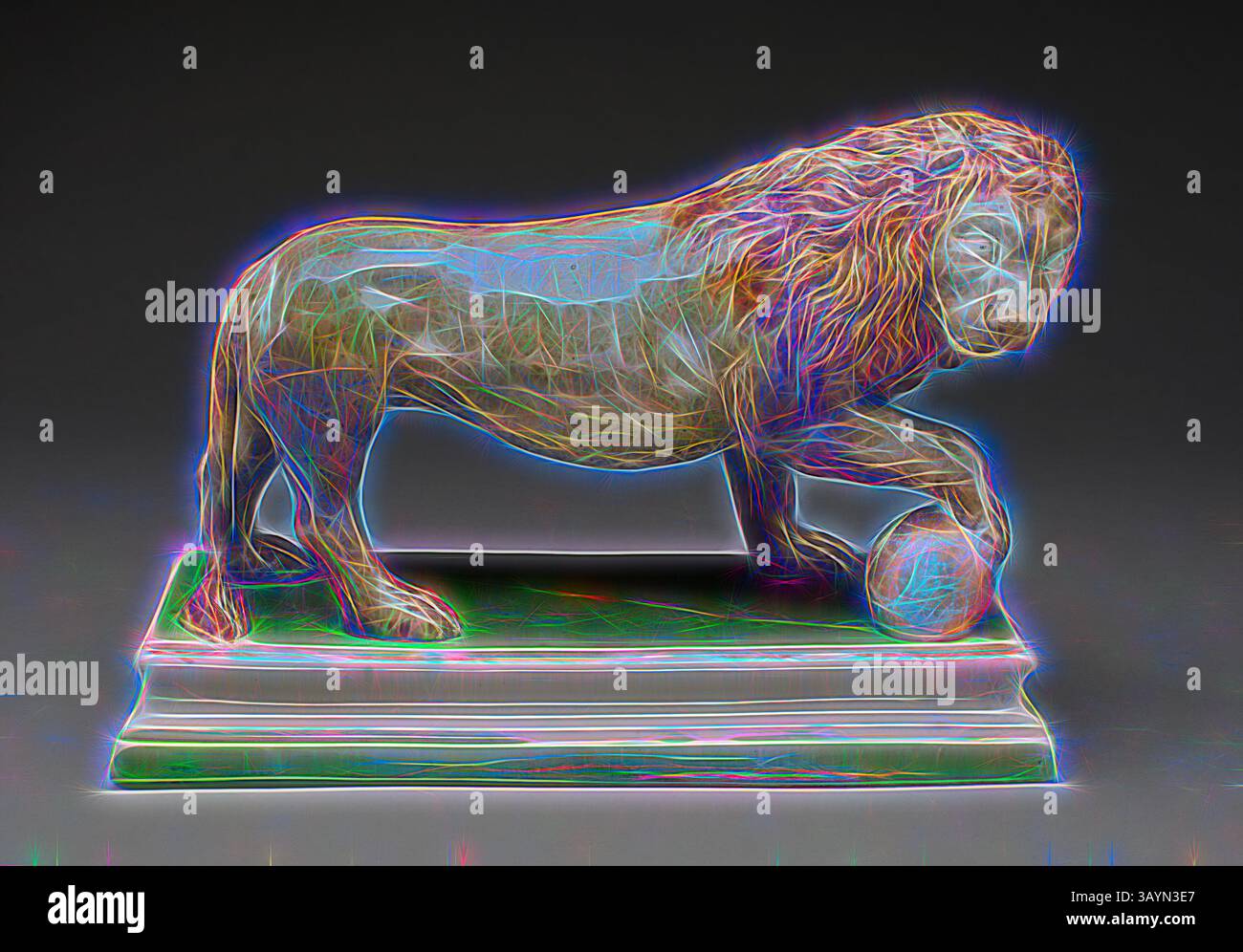 A stylized lion sculpture poised gracefully on a pedestal, its mane and ...