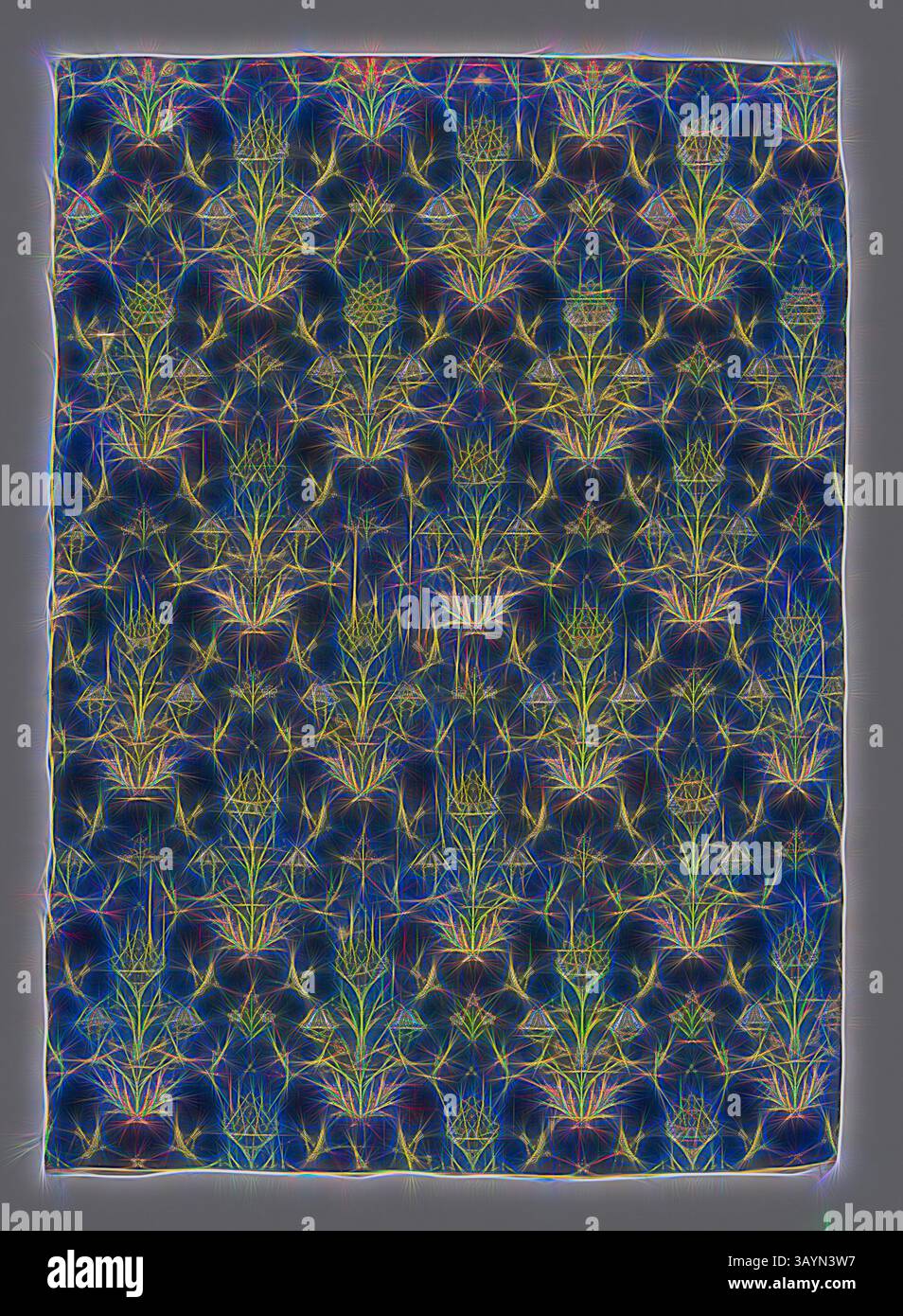 A vibrant floral pattern features intricate outlines of plants ...