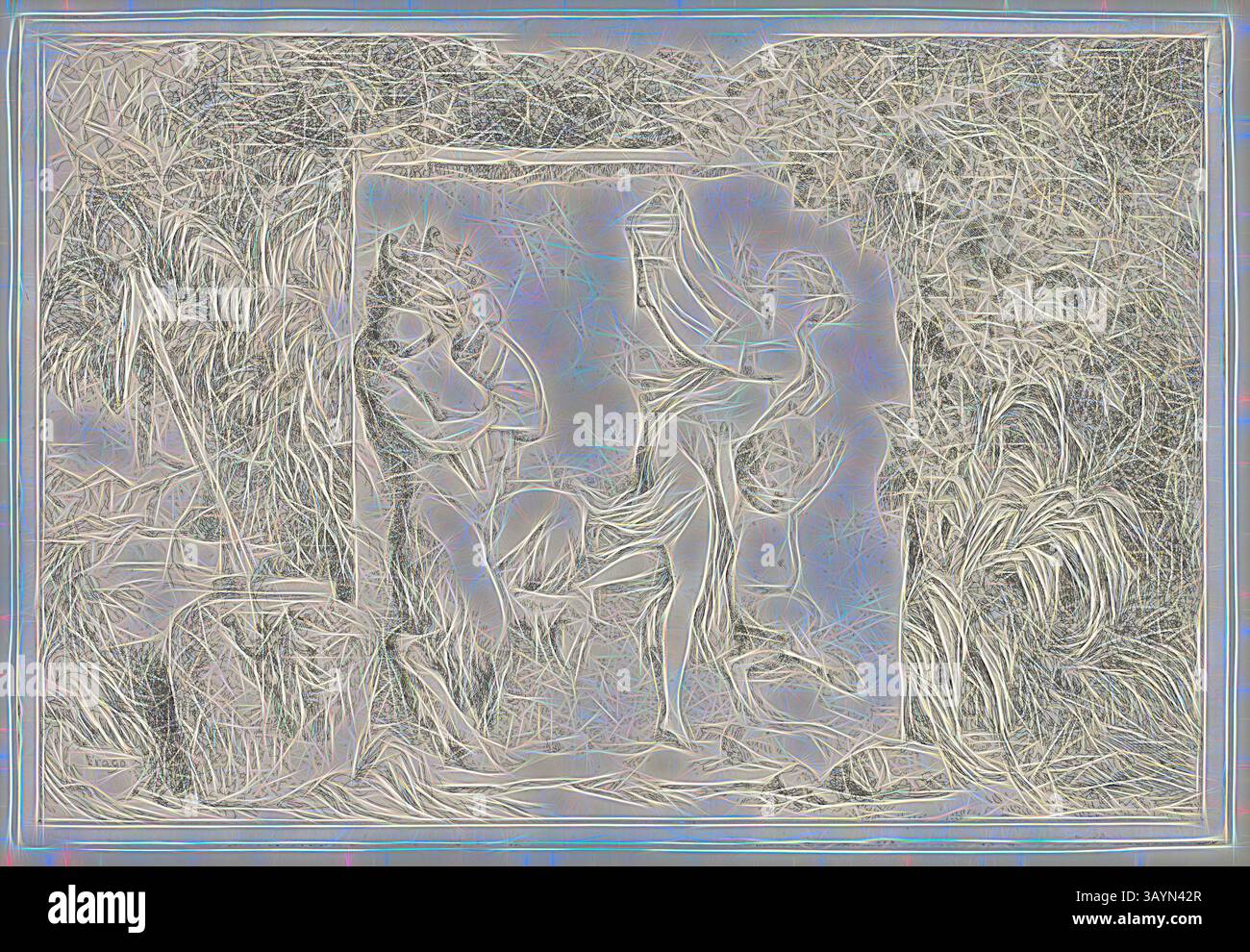 A decorative scene featuring two figures amidst lush vegetation, one ...