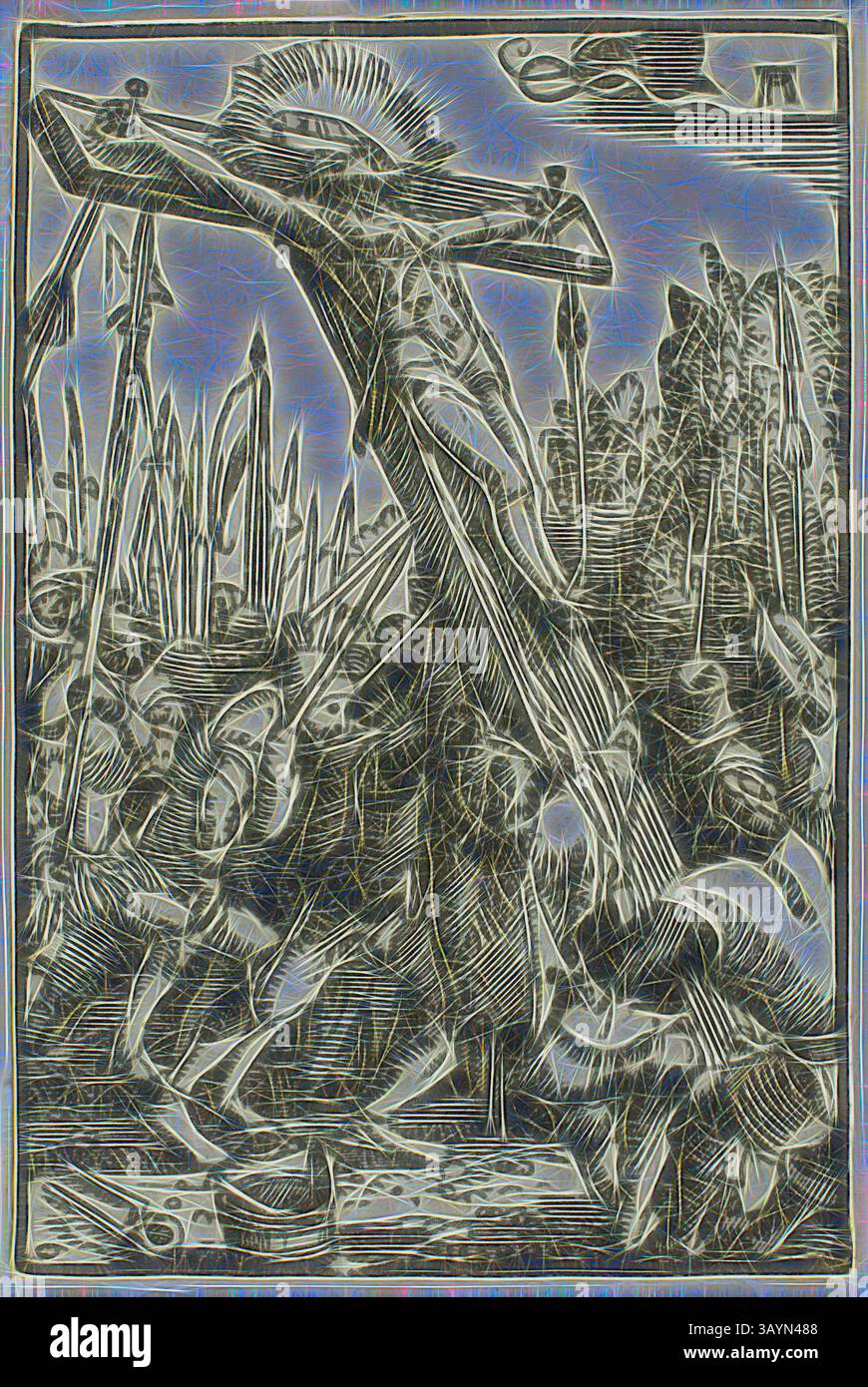 A dramatic scene depicting the crucifixion, with a central figure on a cross surrounded by ...