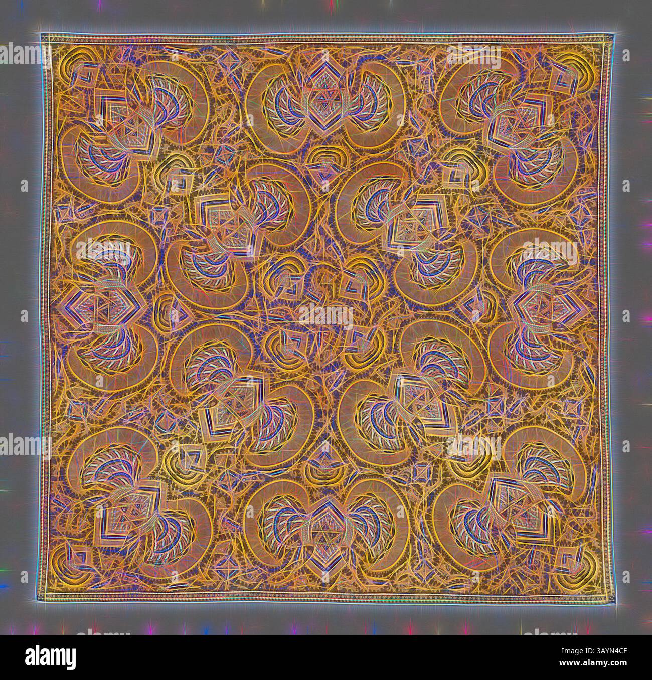 A vibrant tapestry features an intricate pattern of swirling shapes and ...