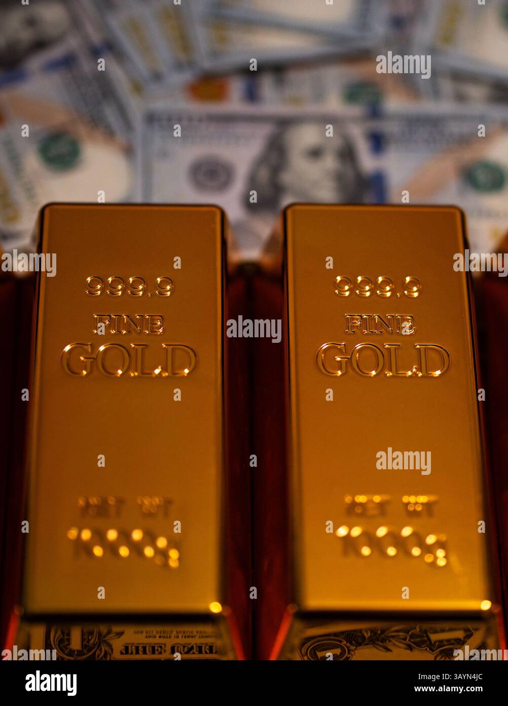 Dollars vs gold bar. Precious metals. Saving finance in gold bar. Dollars vs gold bar. Saving ...
