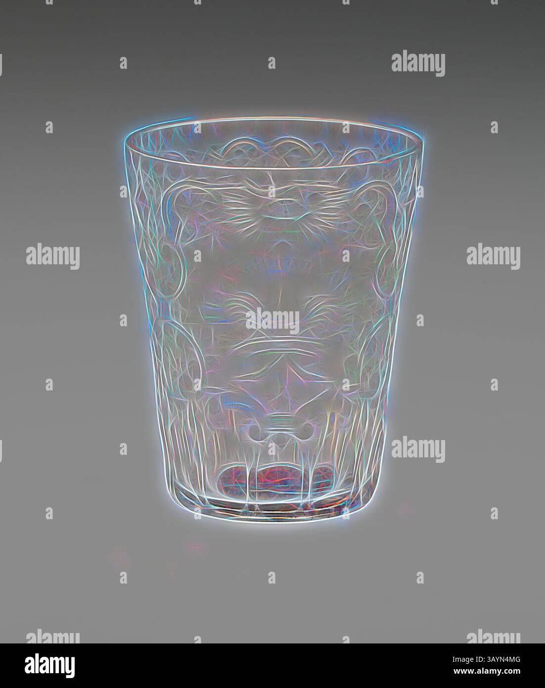 A translucent glass features intricate designs of a lion's face ...