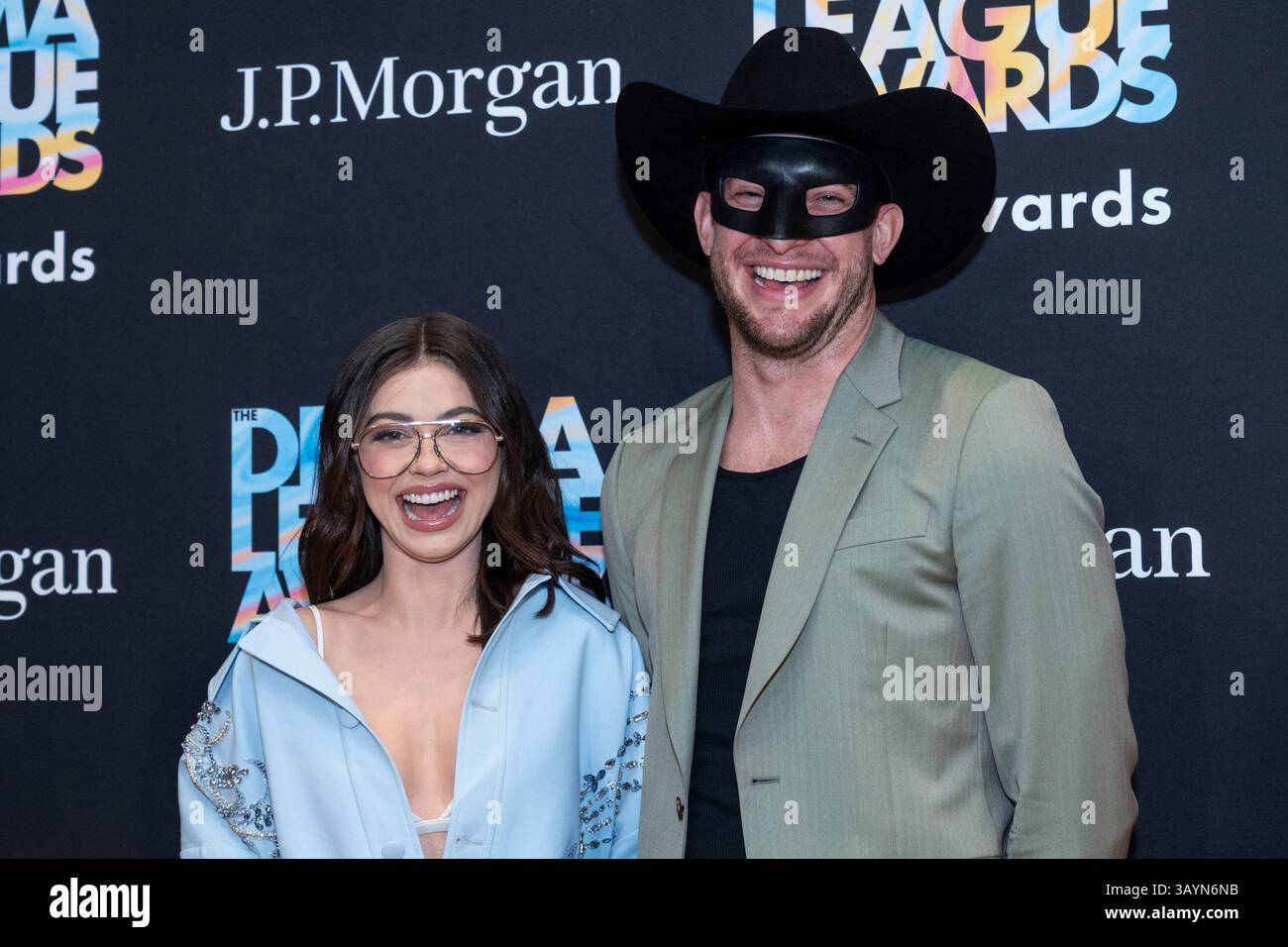 New York, NY, April 22, 2025: Orville Peck and Sarah Hyland wearing dress by Georges Hobeika ...
