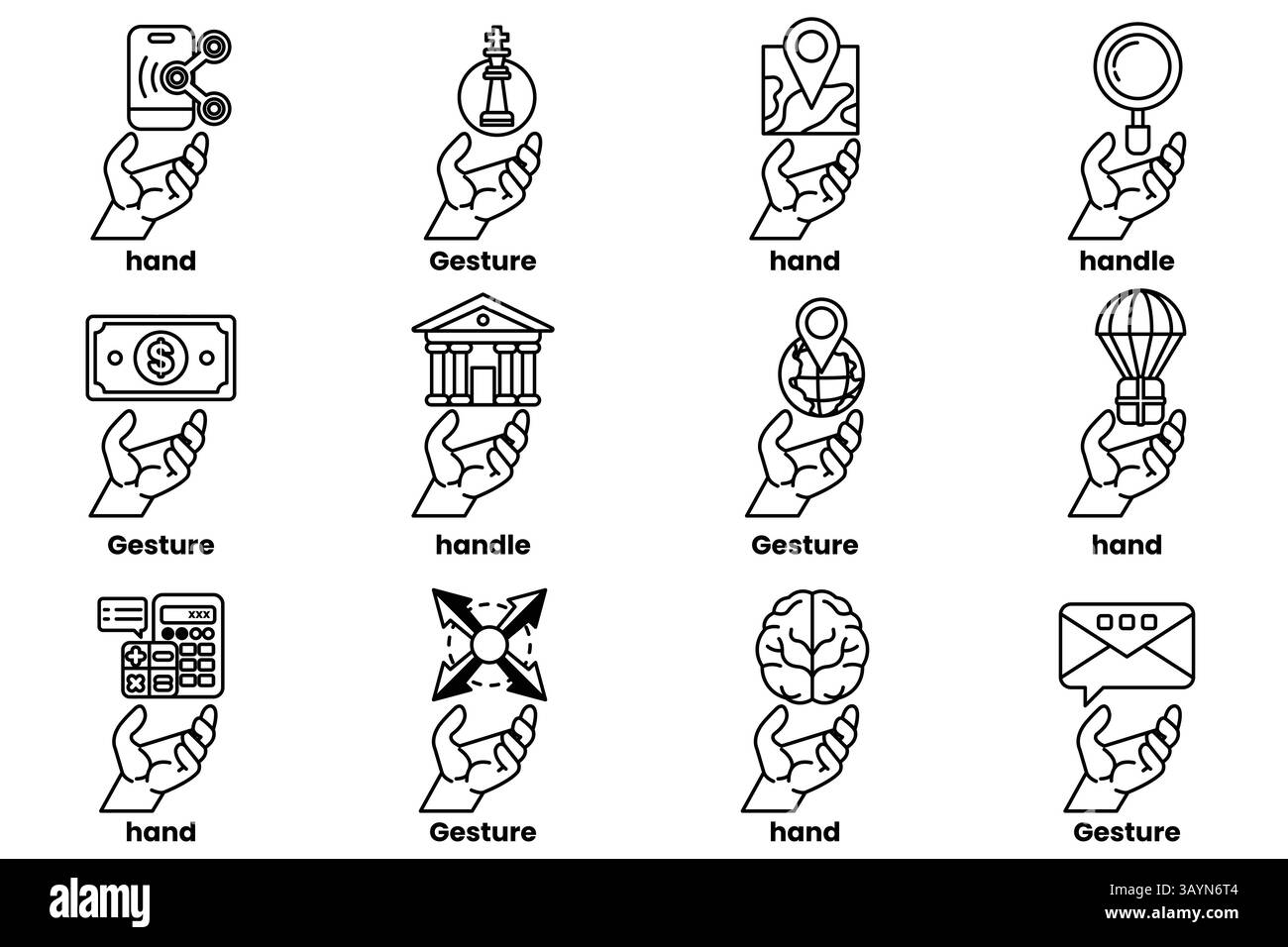 A Set of illustrations of hands and things in line art style Stock ...