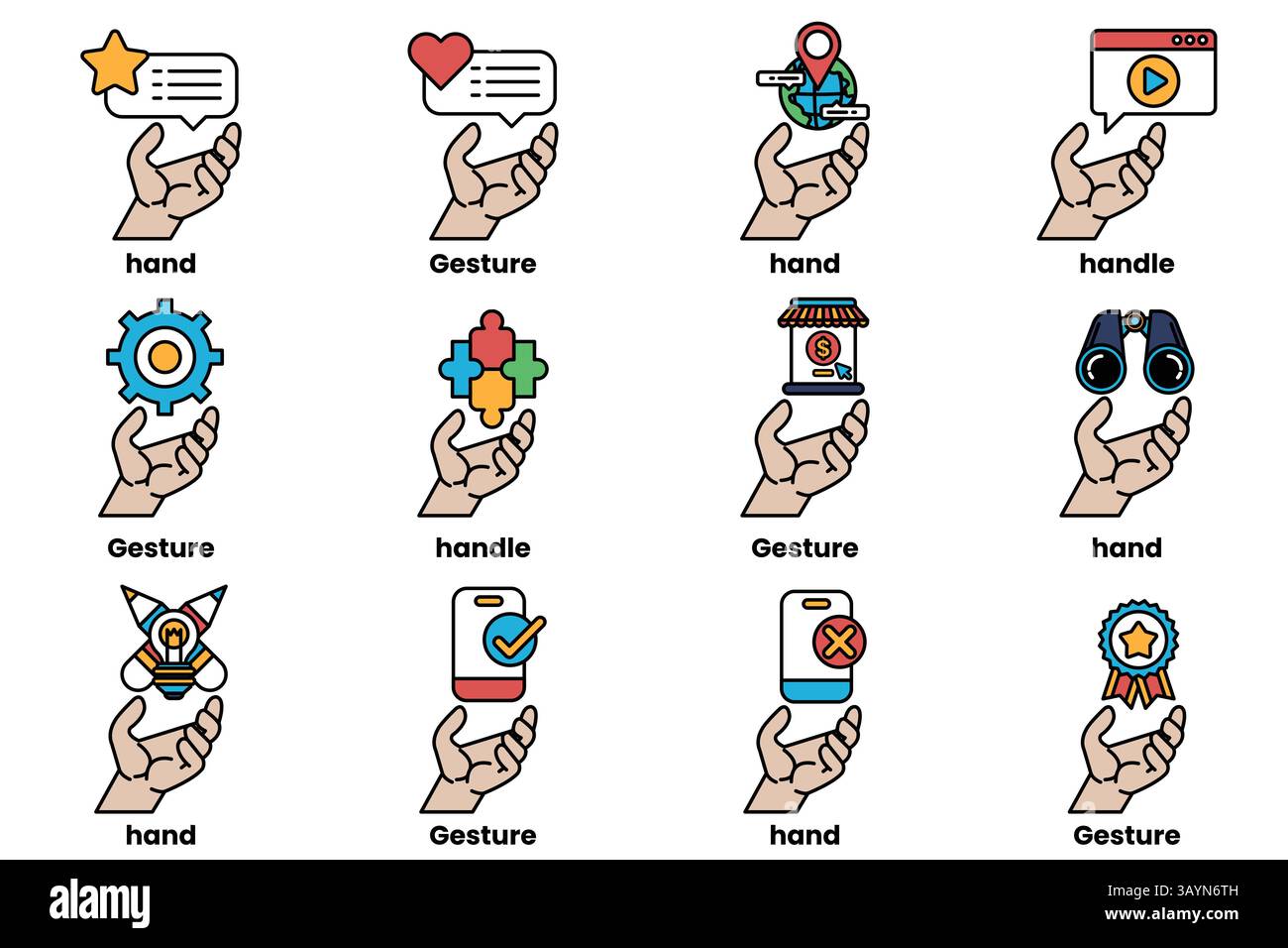 A Set of illustrations of hands and things in line art style Stock ...