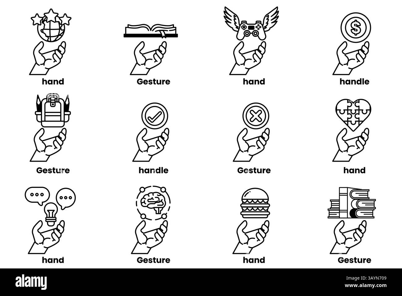 A Set of illustrations of hands and things in line art style Stock ...