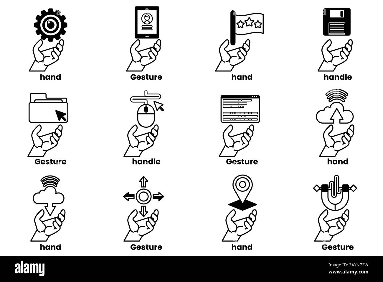 A Set of illustrations of hands and things in line art style Stock ...