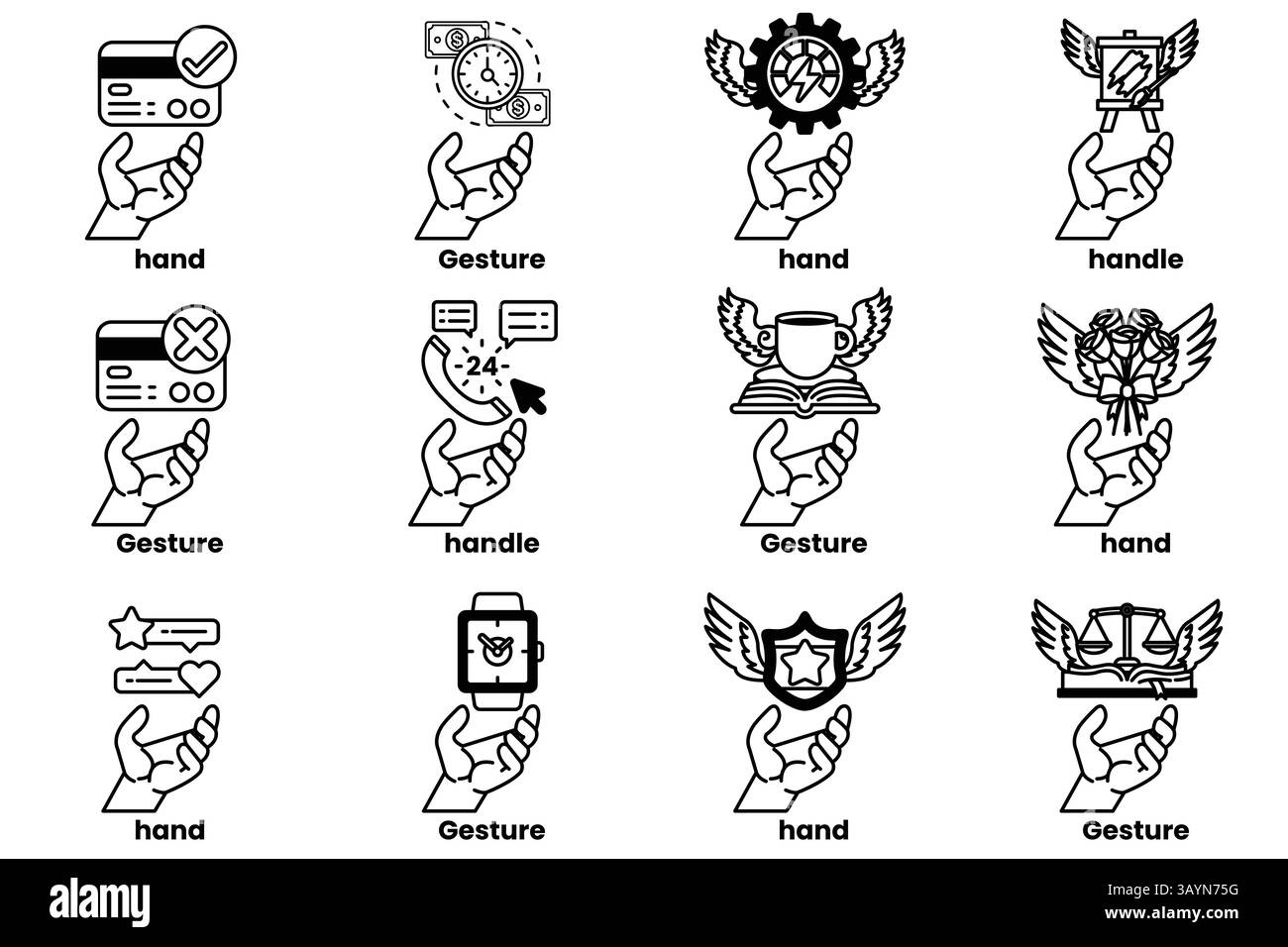 A Set of illustrations of hands and things in line art style Stock ...