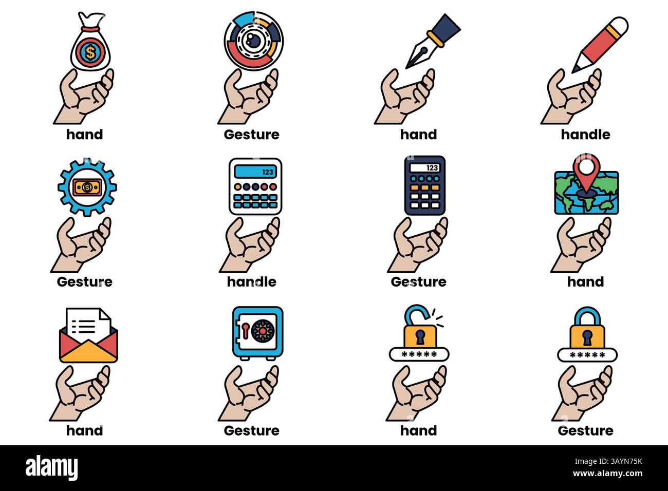 A Set of illustrations of hands and things in line art style Stock ...
