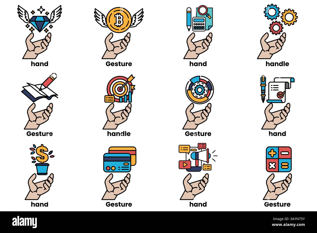 A Set of illustrations of hands and things in line art style Stock ...