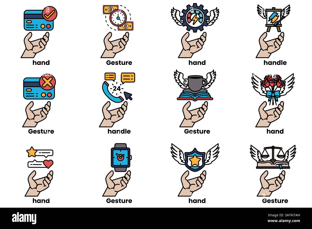 A Set of illustrations of hands and things in line art style Stock ...