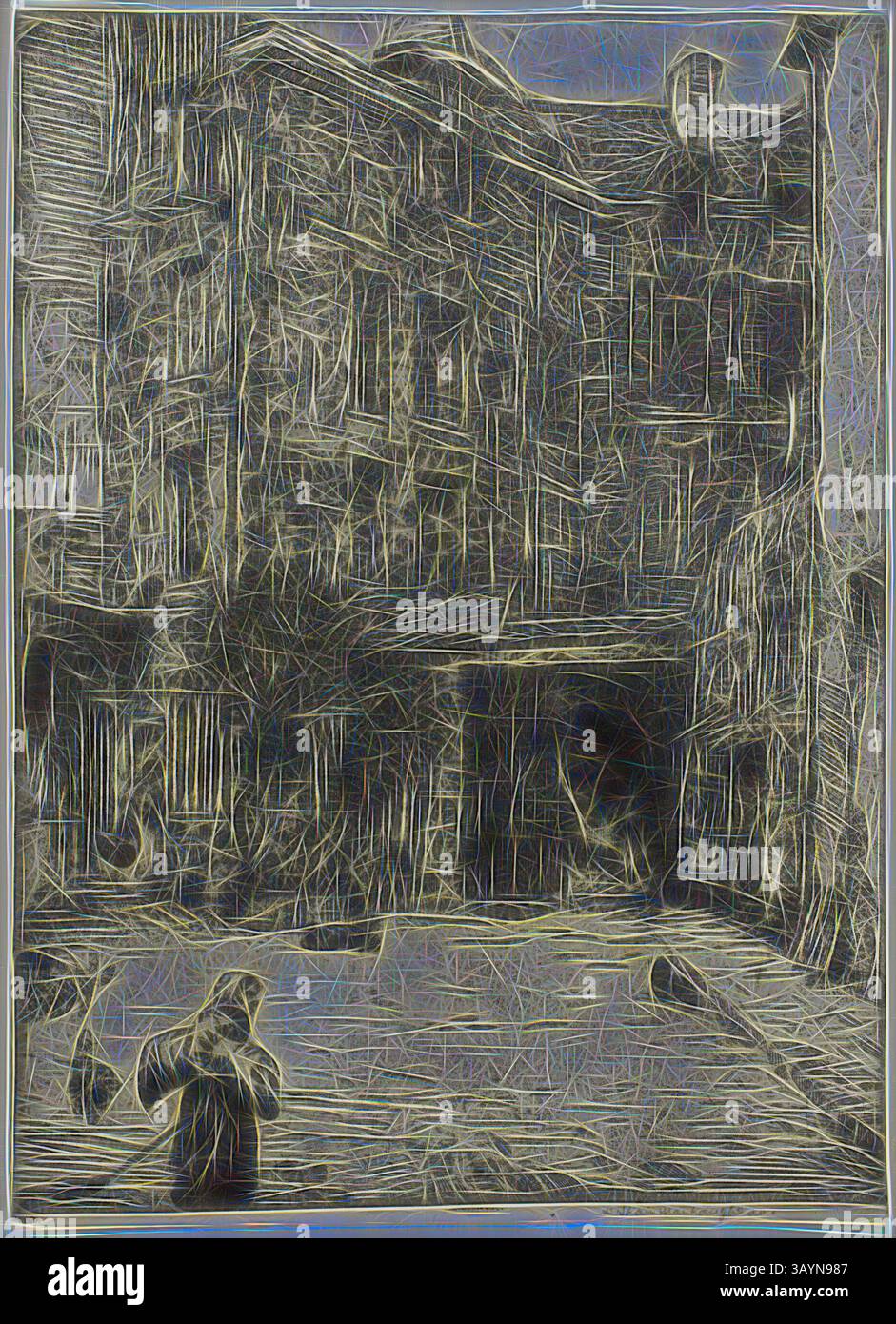 A stylized depiction of an urban scene featuring an intricate building ...