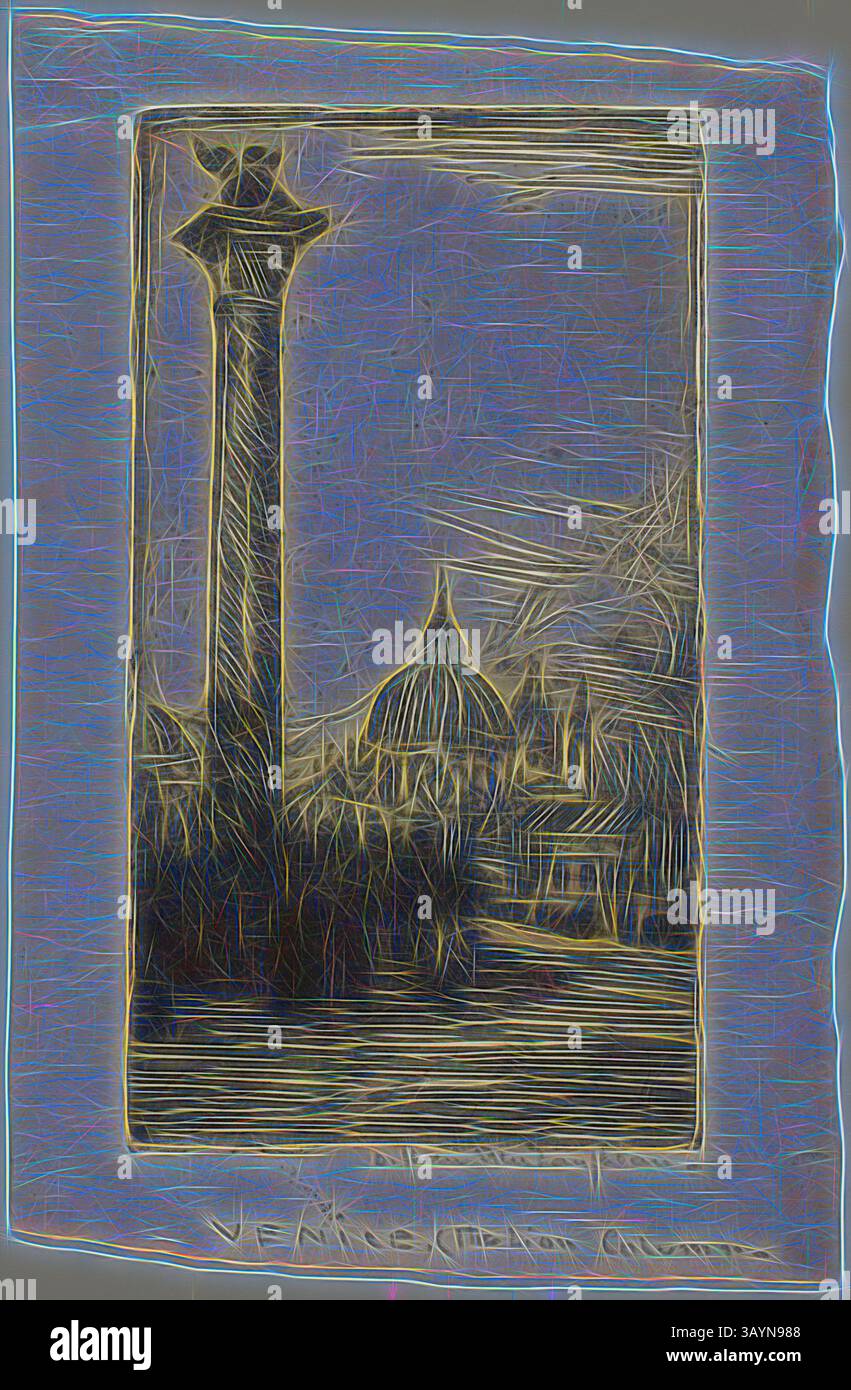 A stylized representation of a cityscape featuring a prominent column ...