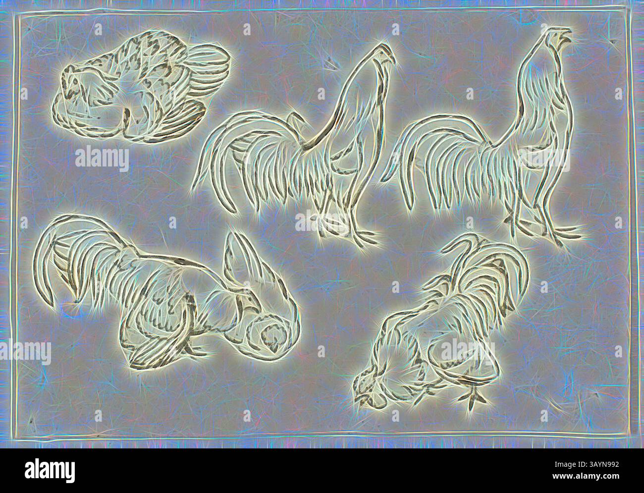 A collection of stylized roosters in various poses, showcasing their ...