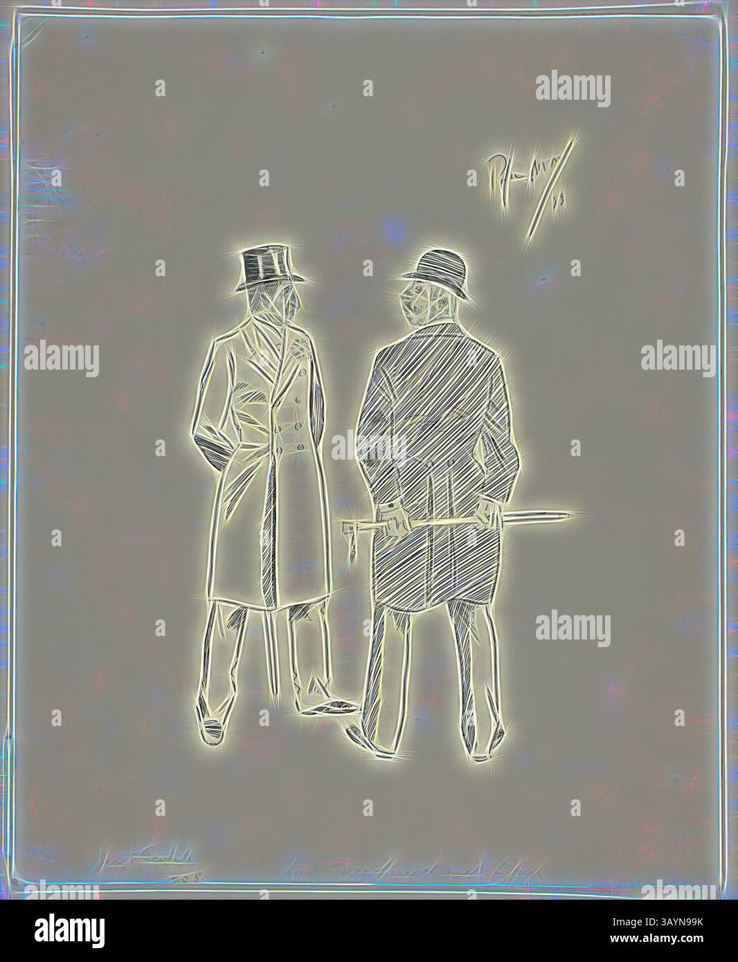 Two elegantly dressed figures stand facing each other, both wearing ...