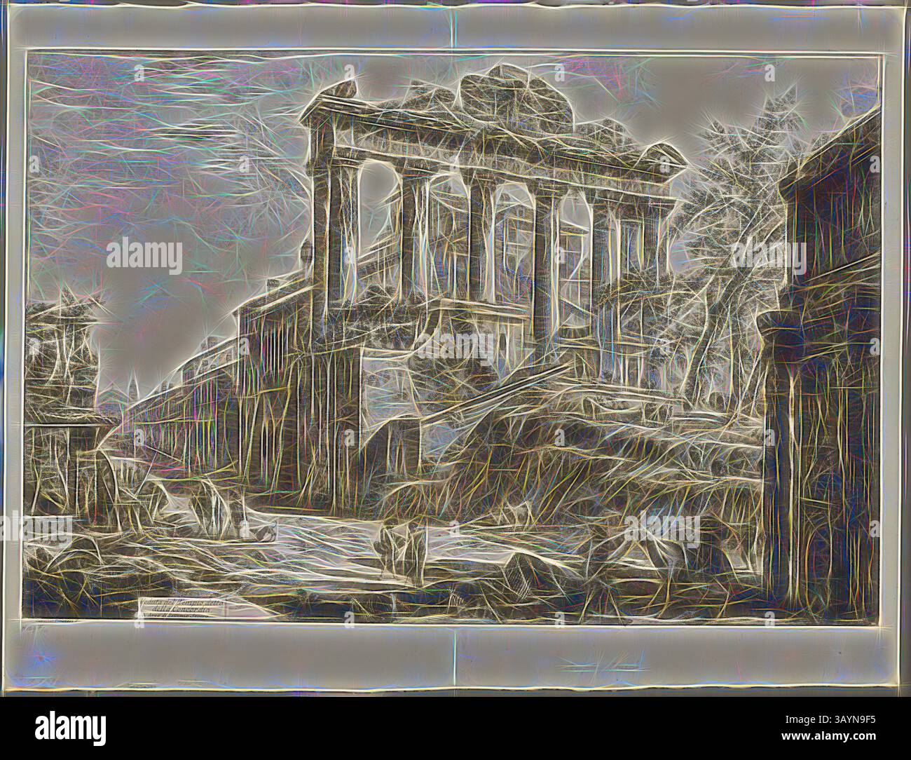 A striking depiction of ancient ruins, showcasing crumbling columns and ...