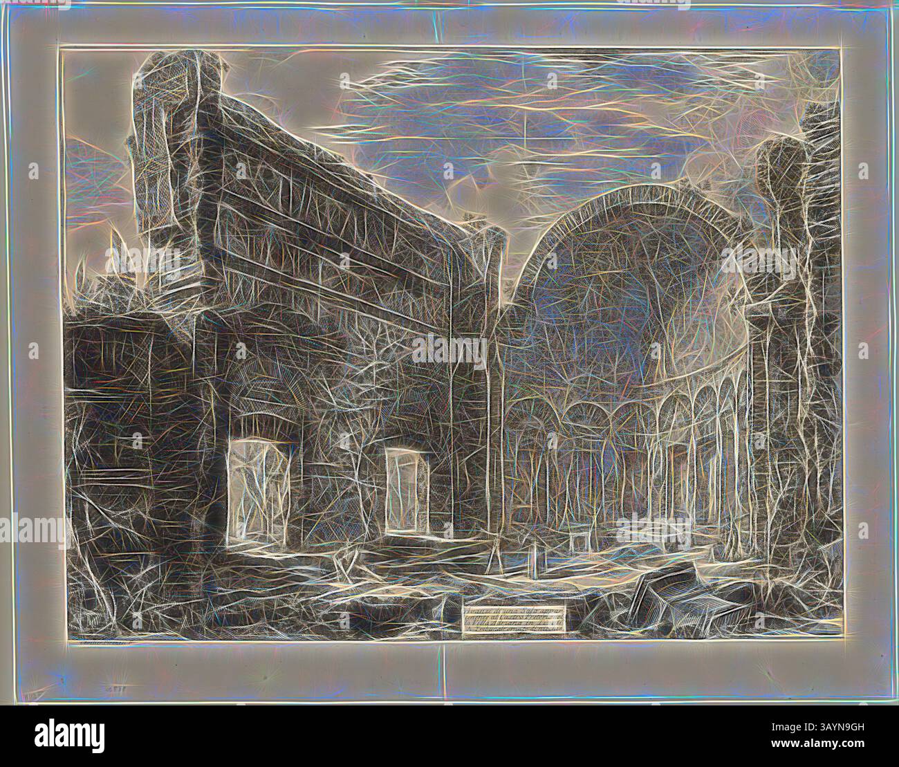 A haunting scene of crumbling ancient architecture, featuring jagged ...