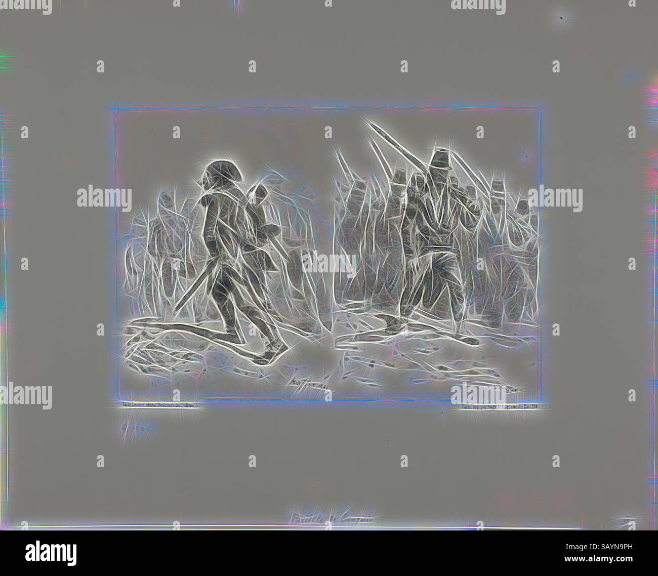 Two figures traverse a rugged landscape, one carrying a spear and the ...