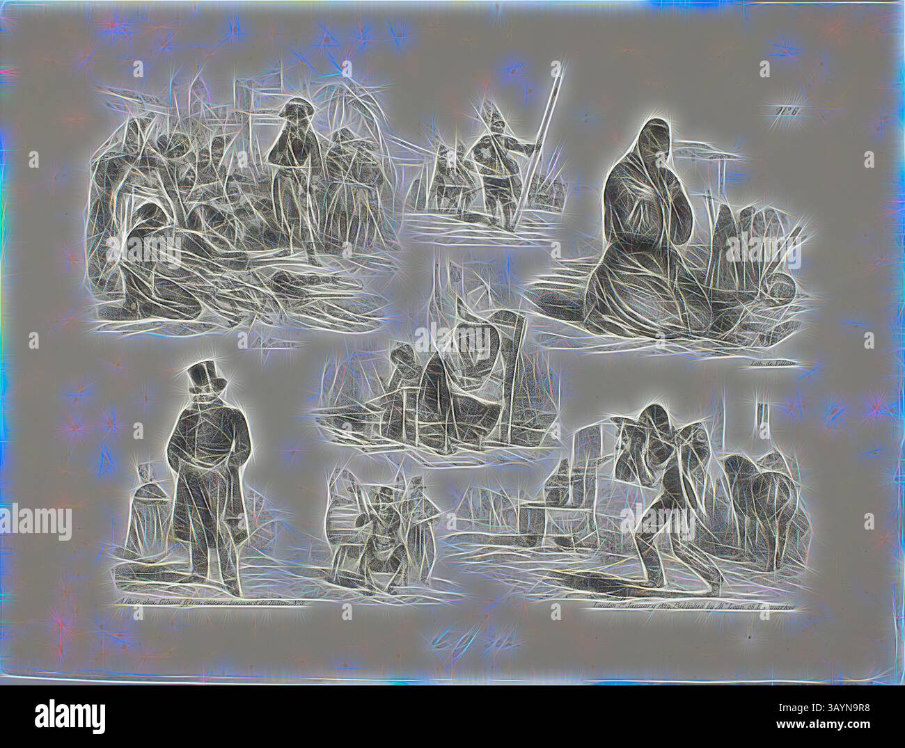 A series of intricate scenes depicting various historical figures ...