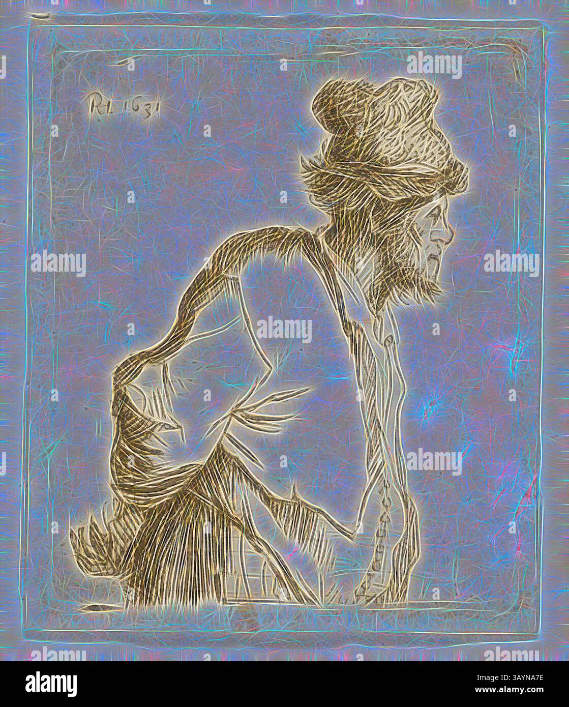 A stylized figure of an elderly man with a long beard, dressed in ...