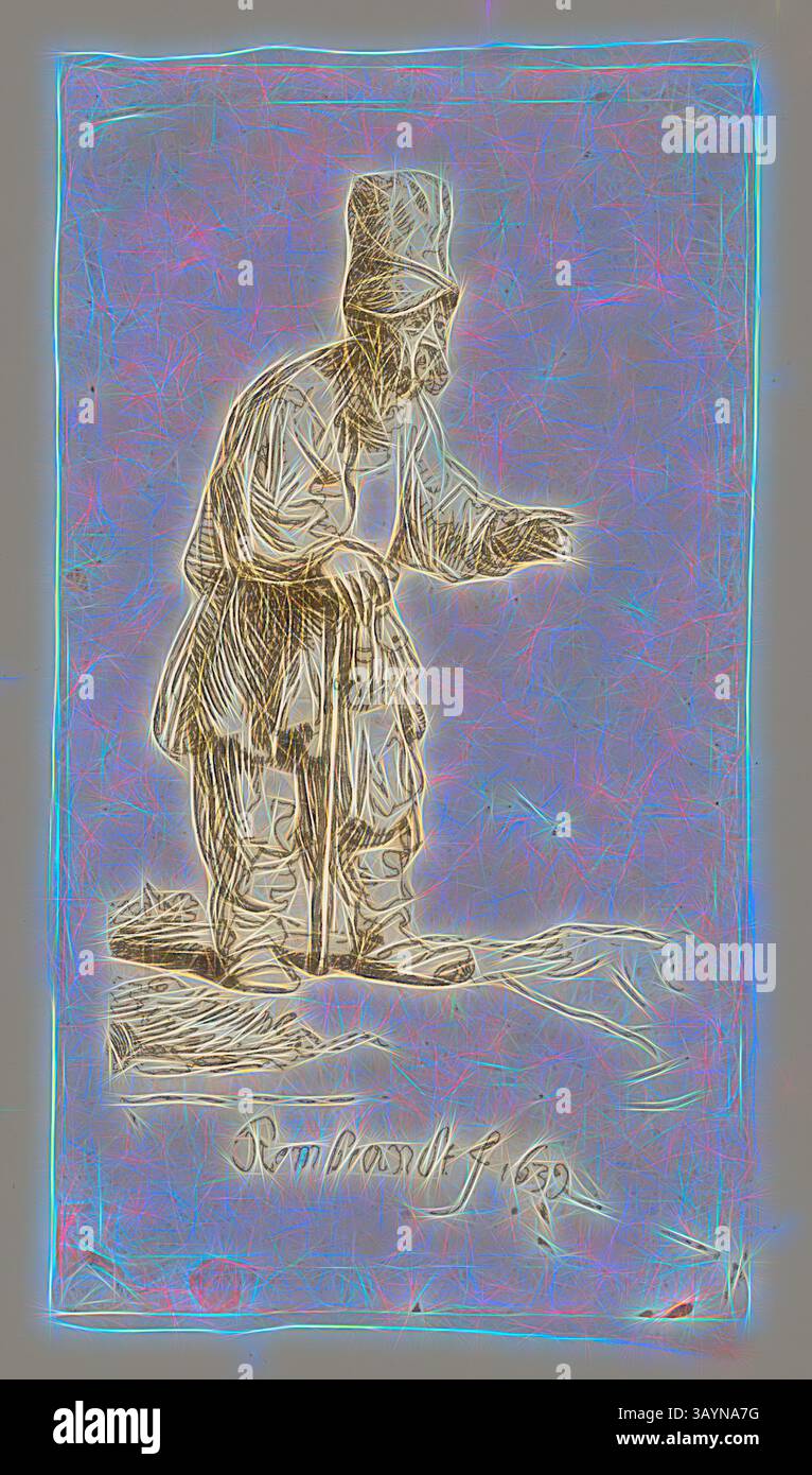 A figure in historical attire stands with a cane, depicted in a dynamic ...