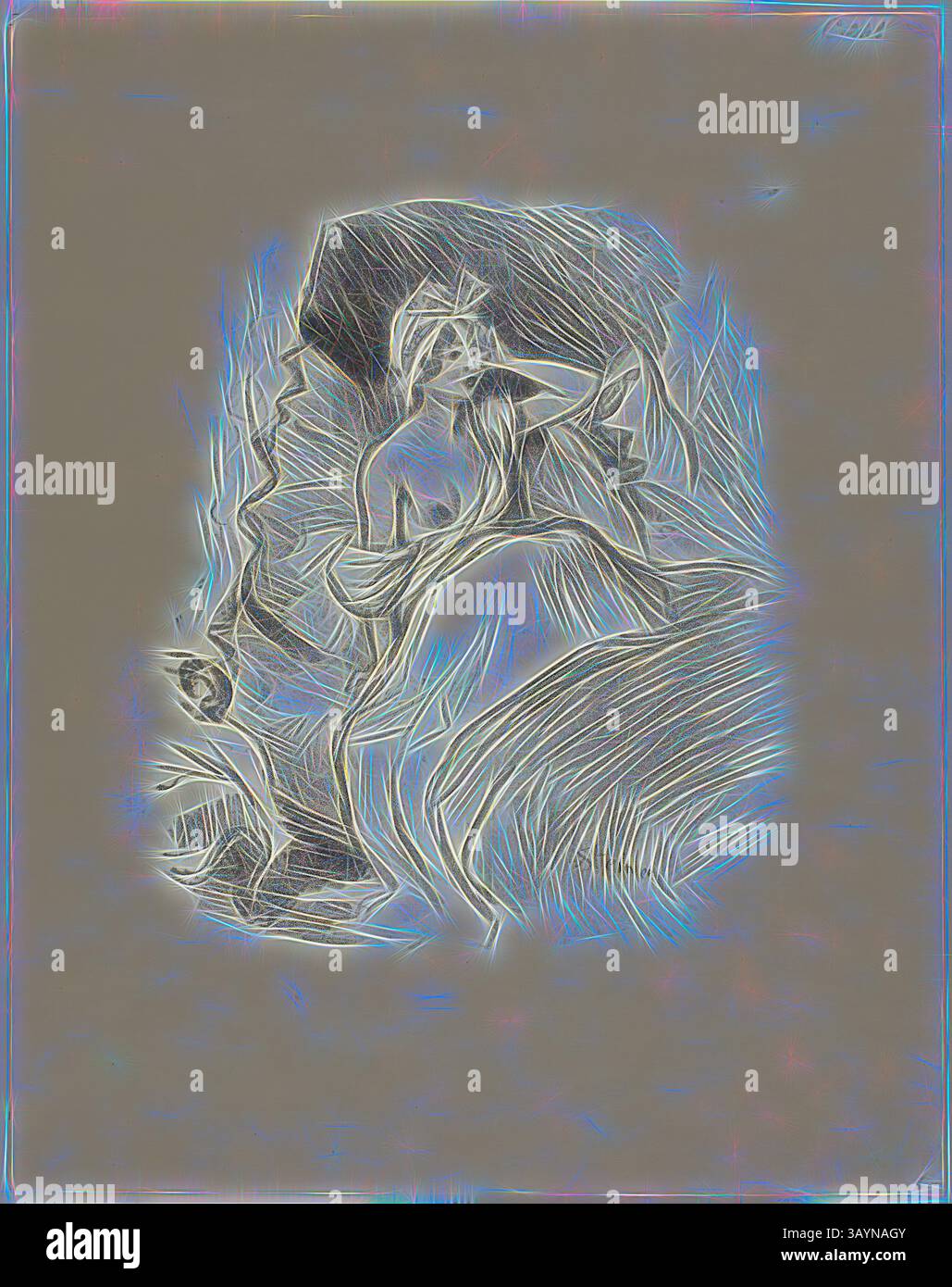 A stylized depiction of a figure entwined with flowing lines, evoking a ...